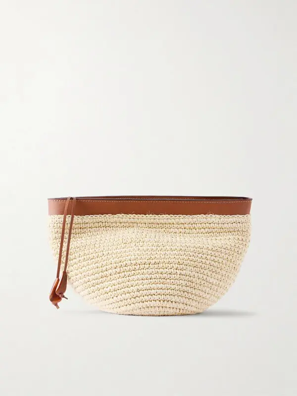 HUNTING SEASON Leather-trimmed Raffia Clutch