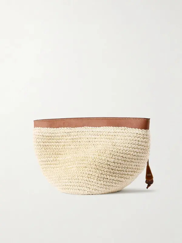 HUNTING SEASON Leather-trimmed Raffia Clutch