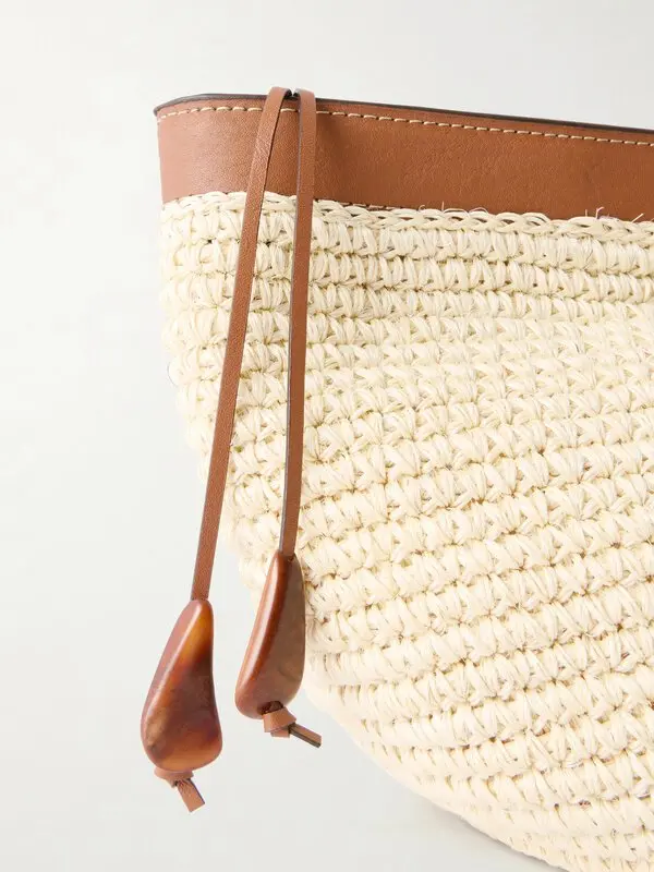 HUNTING SEASON Leather-trimmed Raffia Clutch