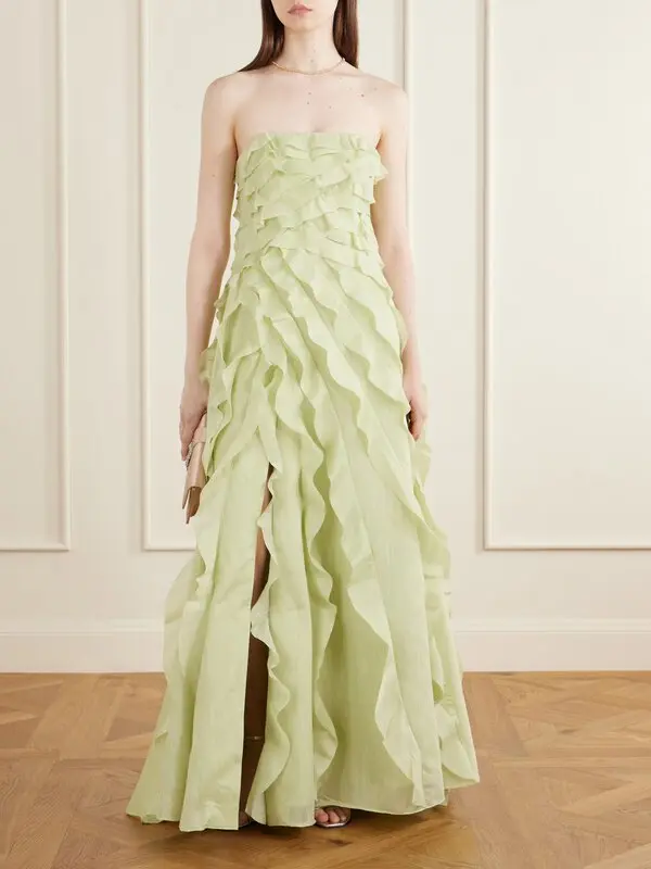 Aje Allairie Strapless Ruffled Shirred Faille Gown