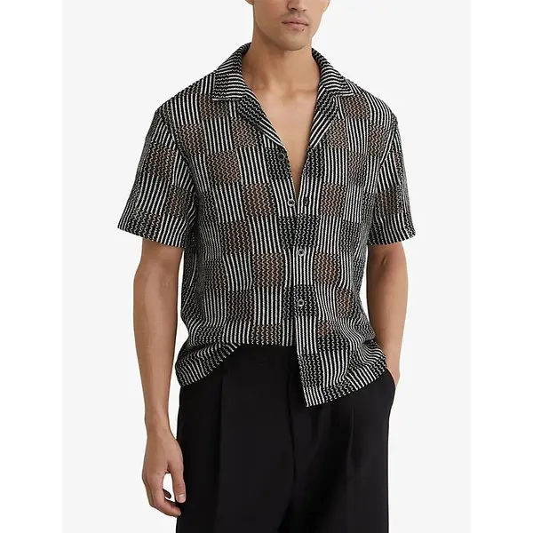 REISS Carlos Checkerboard Cuban-collar Crochet Shirt