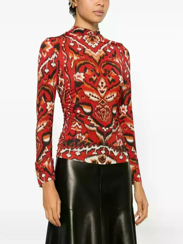 Farm Rio Geometric Print Ruched Long-sleeve Top - Red