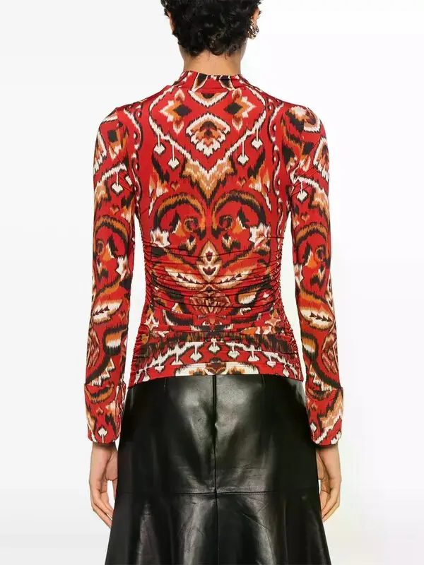 Farm Rio Geometric Print Ruched Long-sleeve Top - Red