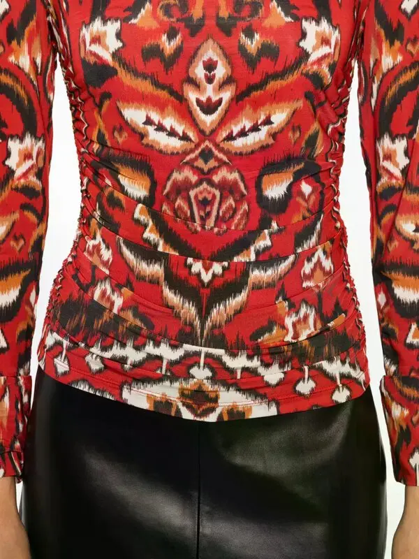 Farm Rio Geometric Print Ruched Long-sleeve Top - Red