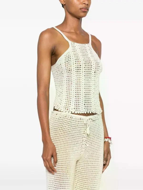 TERRY PUESTO Crochet Knit Halter Top With Shell Embellishments