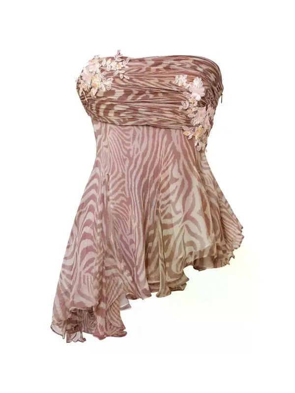 STOLEN STORES Zebra Print Floral Appliqué Tube Top - Brown