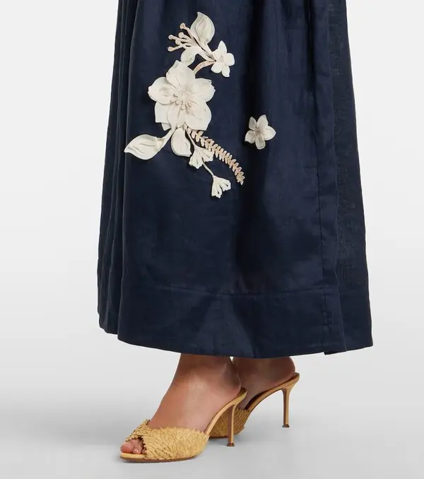 Agua Bendita Sula Linen Maxi Dress With Floral Appliqu