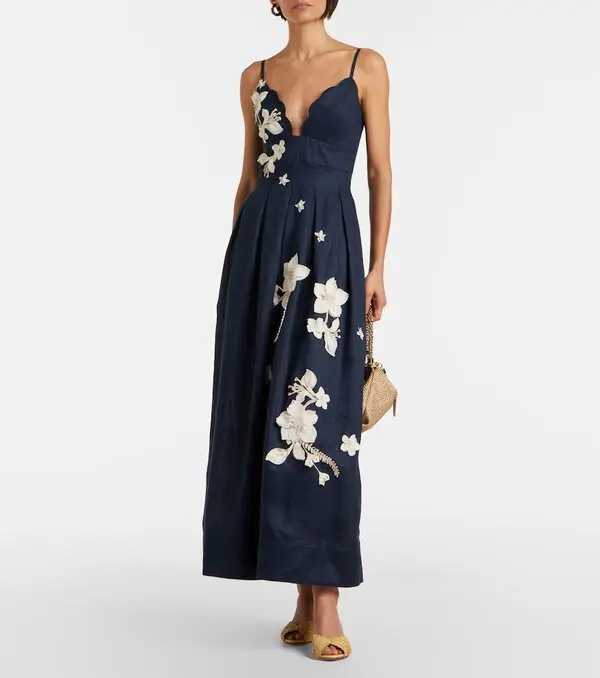 Agua Bendita Sula Linen Maxi Dress With Floral Appliqu