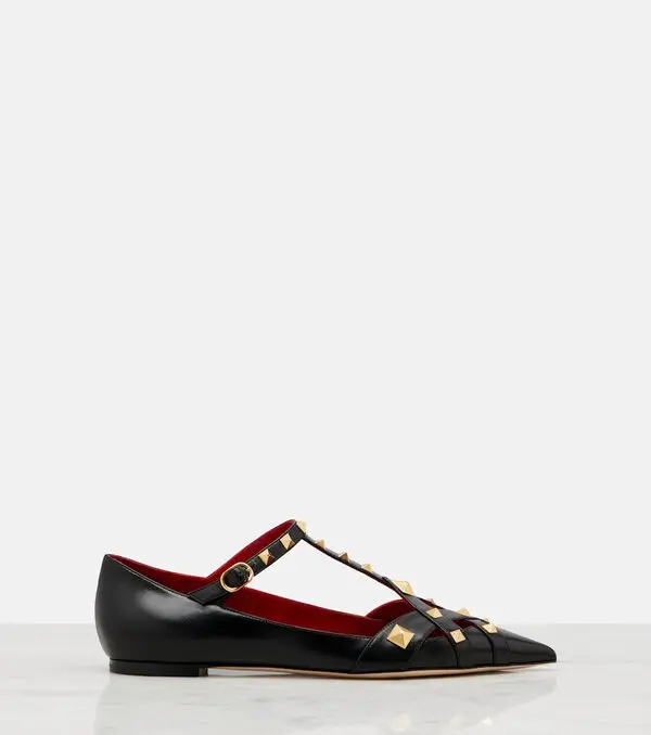 Valentino Garavani Studded Leather Mary Jane Flats - Black