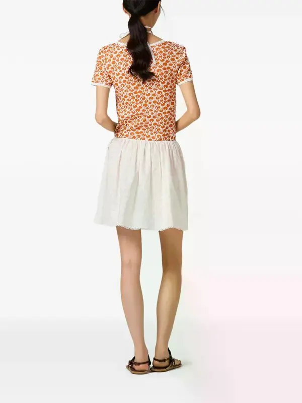 Miu Miu Cotton T-shirt With Floral Print And Trim - Neutrals