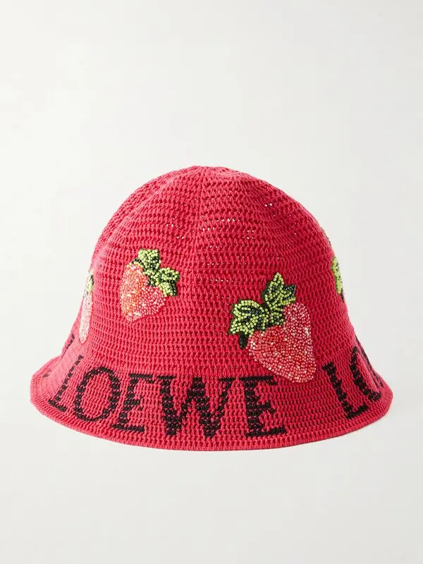 Loewe Strawberry Embellished Crocheted Bucket Hat - Red