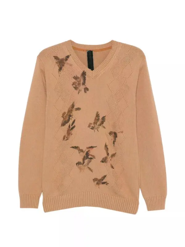 KA WA KEY V-neck Bird Print Diamond Cable Knit Sweater