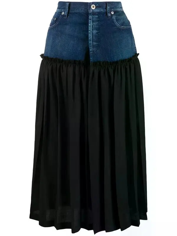 Y’s Pleated Panel Denim Midi Skirt - Blue