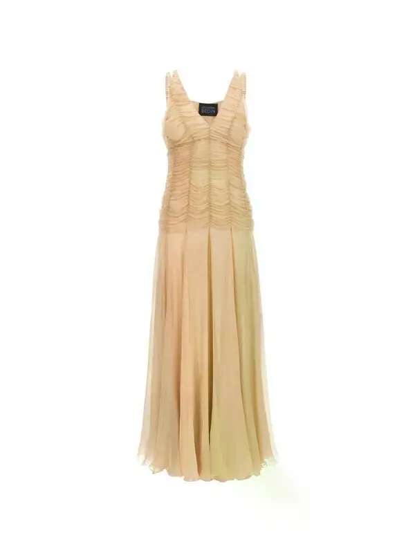GIOVANNI BEDIN Smocked Silk-chiffon V-neck Maxi Dress - Neutrals