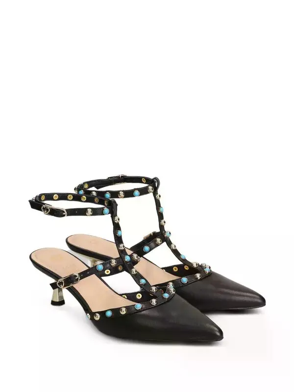 GOLD & ROUGE Leather Embellished Kitten Heel Pumps - Black