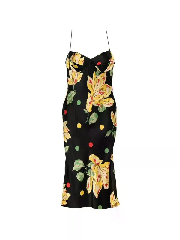 John Galliano Floral Print Midi Dress - Black
