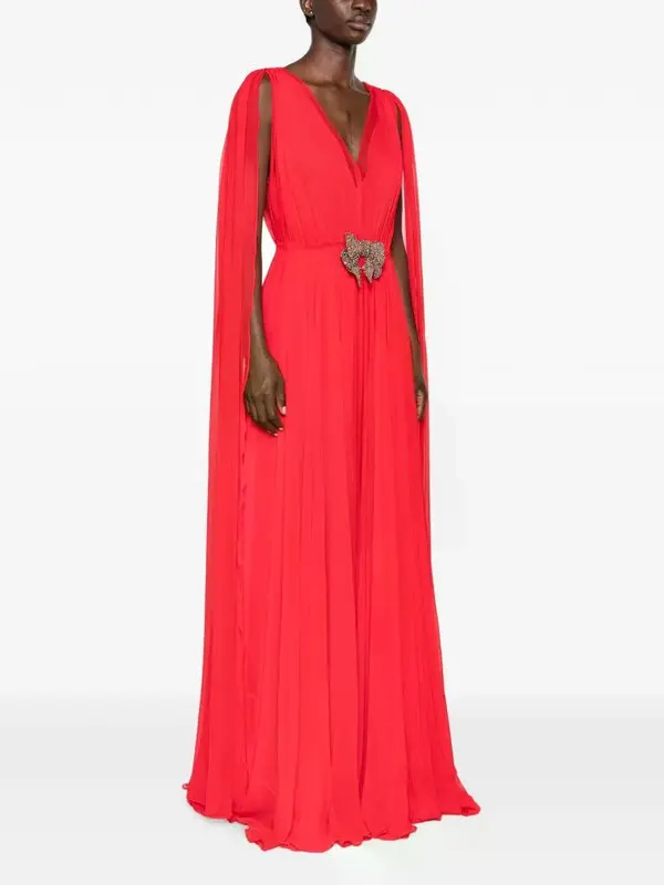 SILK LOVE & LACE Ilena Cape-sleeve Pleated Maxi Dress - Red
