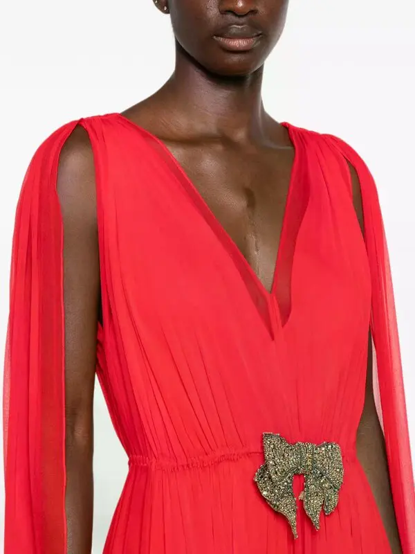 SILK LOVE & LACE Ilena Cape-sleeve Pleated Maxi Dress - Red