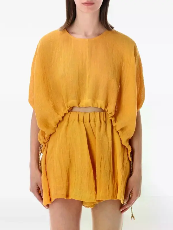 120% Lino Crew-neck Cropped Blouse - Orange