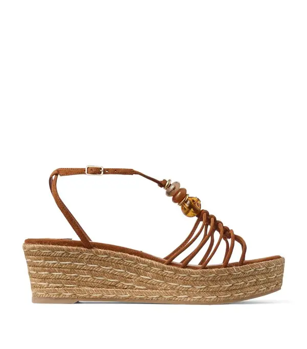 JIMMY CHOO Lemi 50 Suede Wedge Sandals With Beaded Detailing - Brown