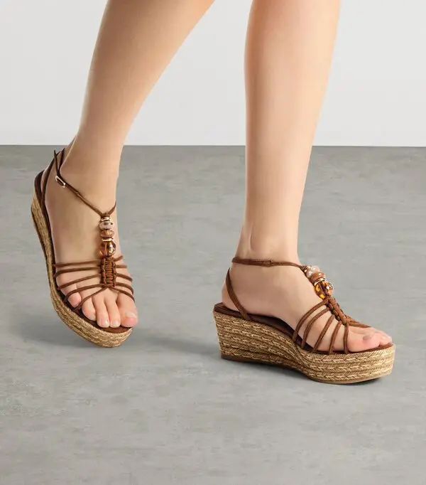JIMMY CHOO Lemi 50 Suede Wedge Sandals With Beaded Detailing - Brown