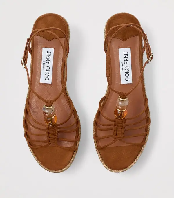 JIMMY CHOO Lemi 50 Suede Wedge Sandals With Beaded Detailing - Brown