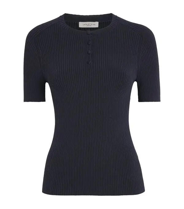Lafayette 148 New York Rib-knit Henley Top - Black