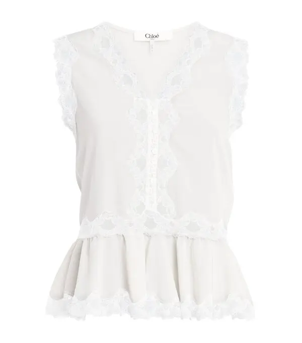 Chloé Silk Crepe De Chine Lace Peplum Top