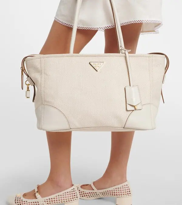 Prada Large Canvas Tote Bag With Leather Trim - Beige