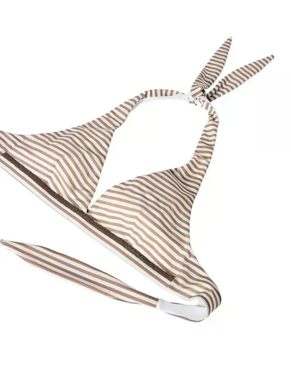 Brunello Cucinelli Striped Techno Jersey Bikini Top With Monili Trim