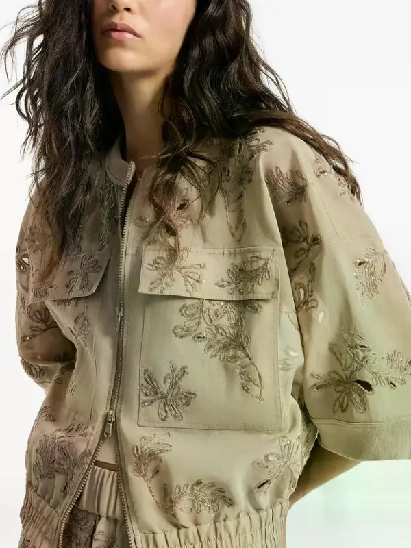 Brunello Cucinelli Cotton Organza Bomber Jacket With Broderie Anglaise And Sequins