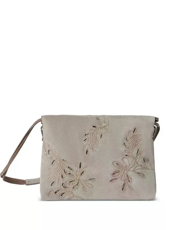 Brunello Cucinelli Suede Pouch Bag With Broderie-anglaise And Monili Embellishment - Neutrals
