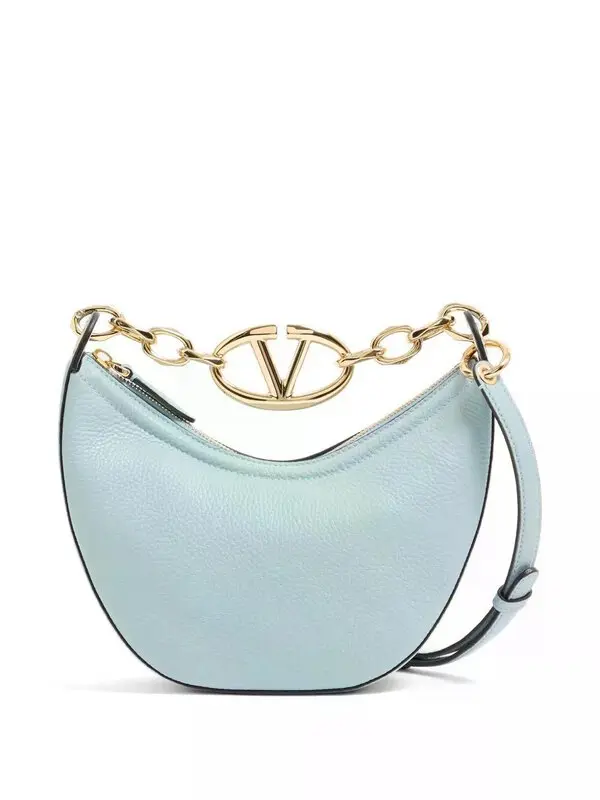 Valentino Garavani Mini Vlogo Moon Bag In Grainy Calfskin With Chain - Blue