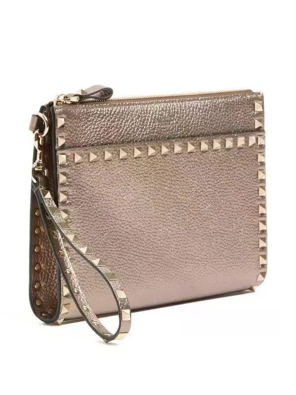 Valentino Garavani Rockstud Pouch In Laminated Grainy Calfskin - Brown