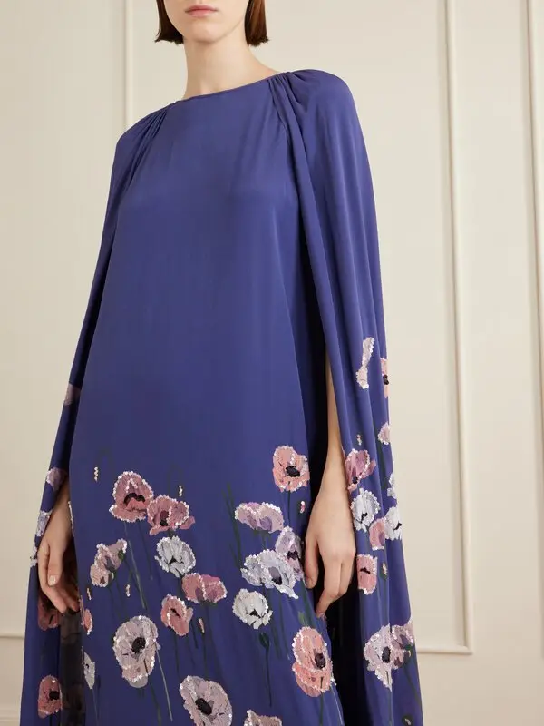 Bernadette Minnie Cape-effect Embroidered Sequin Gown - Purple