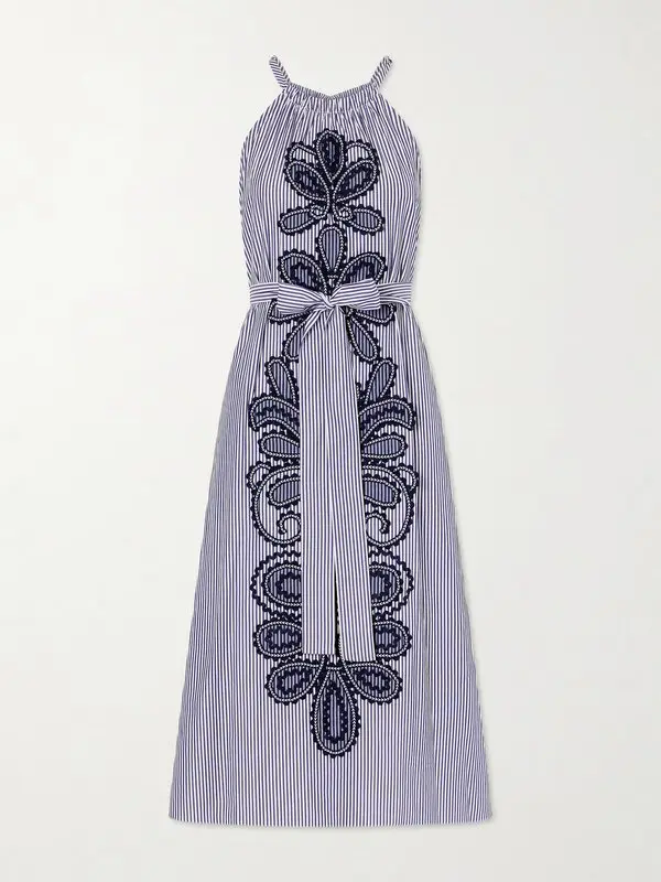 Carolina Herrera Belted Striped Embroidered Cotton-poplin Halterneck Midi Dress - Blue