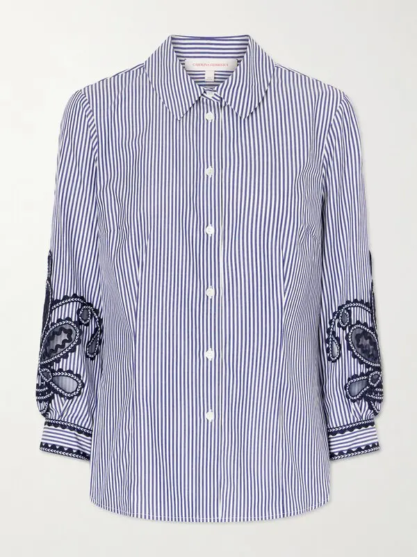Carolina Herrera Embroidered Striped Cotton-poplin Shirt - Blue