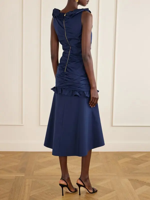 Carolina Herrera Ruched Ruffled Cotton-blend Midi Dress - Blue