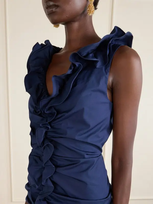 Carolina Herrera Ruched Ruffled Cotton-blend Midi Dress - Blue