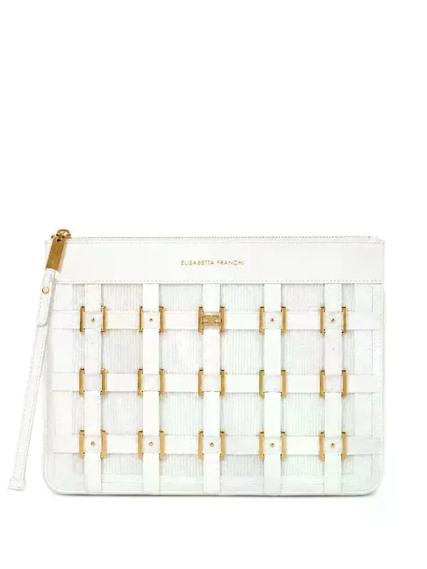 Elisabetta Franchi Woven Clutch Bag With Logo Plaque - White