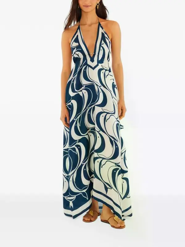 Farm Rio Fish Print Halterneck Maxi Dress - Blue
