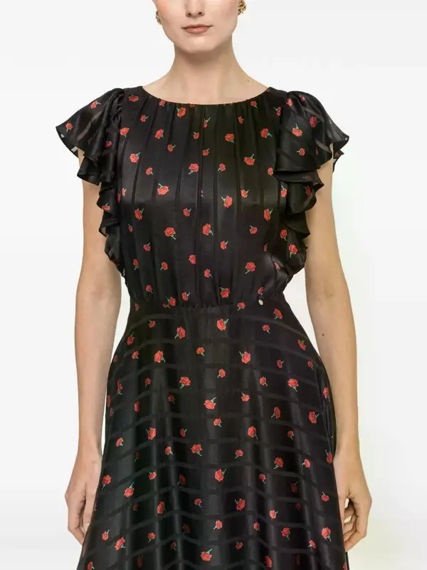 NISSA Floral Print Midi Dress With Ruffled Sleeves - Black