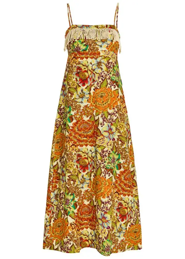 ALEMAIS Alémais Floral Print Fringed Linen Midi Dress - Multicoloured