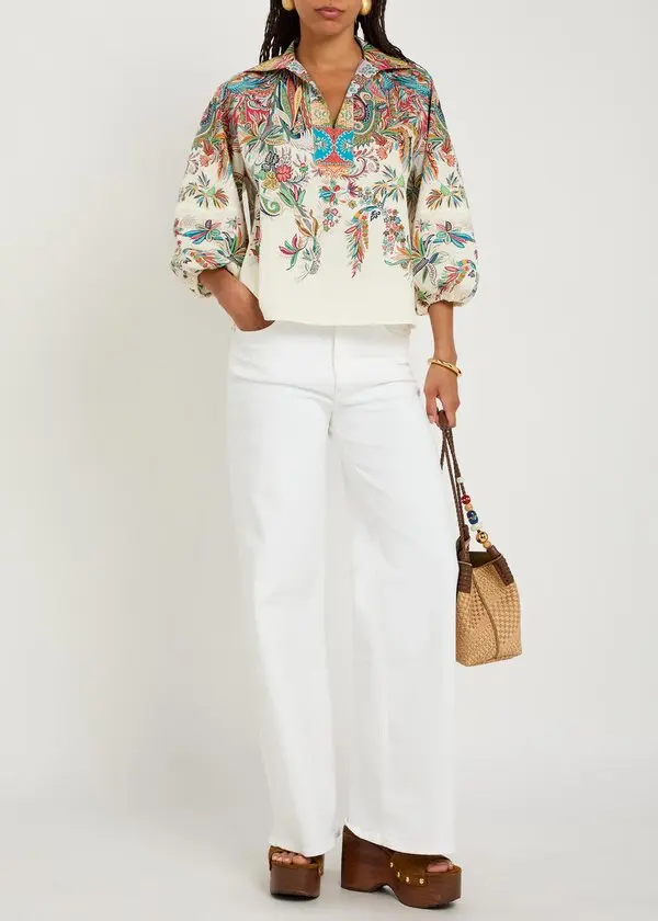 Etro Printed Balloon-sleeve Cotton-poplin Top - Multicoloured
