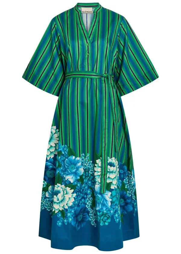 ALEMAIS Alémais Striped Cotton-poplin Midi Dress With Floral Print - Multicoloured
