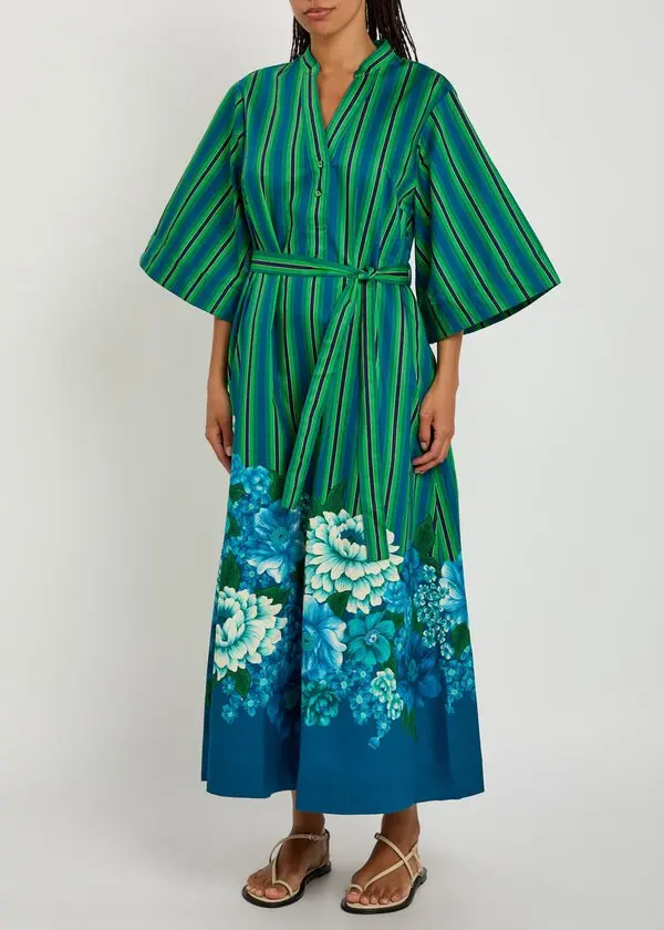 ALEMAIS Alémais Striped Cotton-poplin Midi Dress With Floral Print - Multicoloured