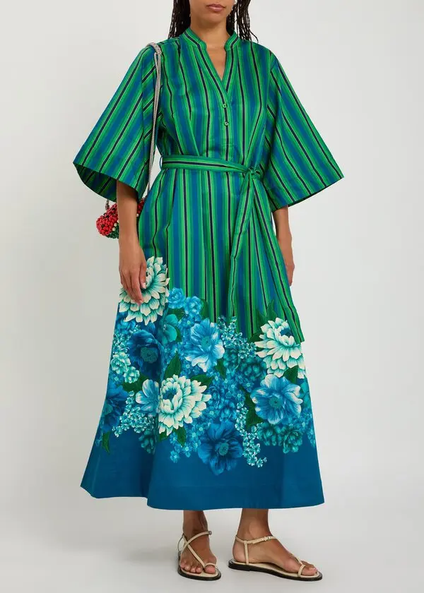 ALEMAIS Alémais Striped Cotton-poplin Midi Dress With Floral Print - Multicoloured