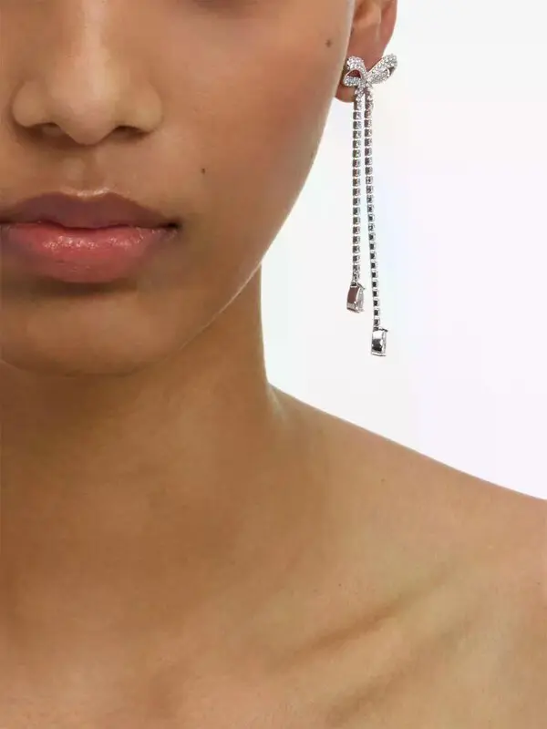 SELF-PORTRAIT Crystal Embellished Bow Detail Drop Earrings - Silver