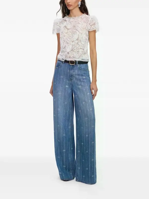 SELF-PORTRAIT Rhinestone Embellished Bow Motif Wide Leg Jeans