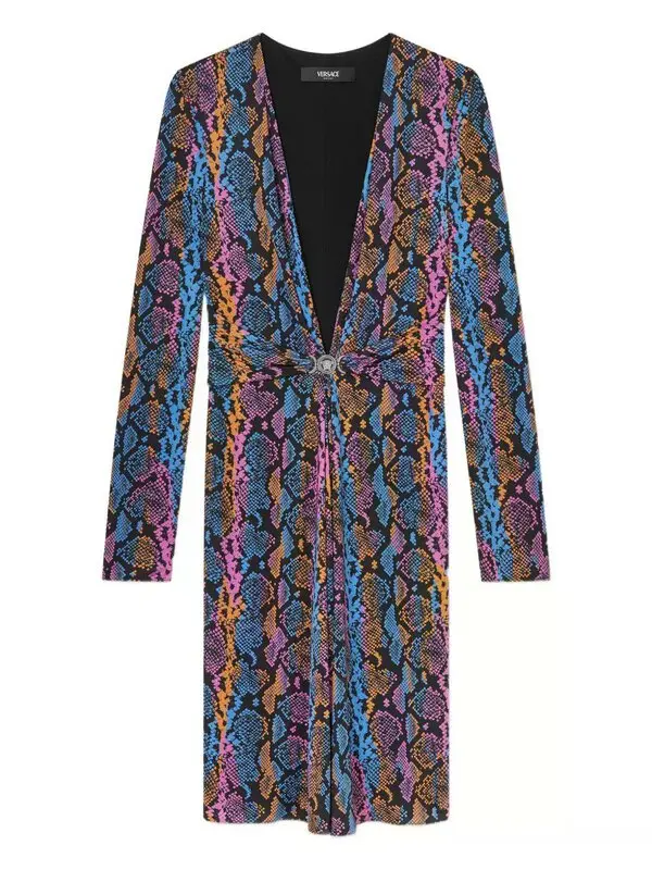 Versace Long-sleeved Python Print Midi Dress - Black